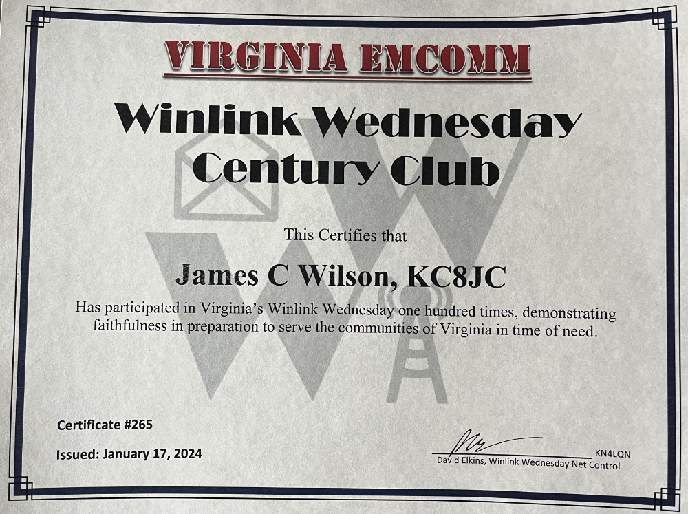 100 Winlink Wednesday Checkins – KC8JC
